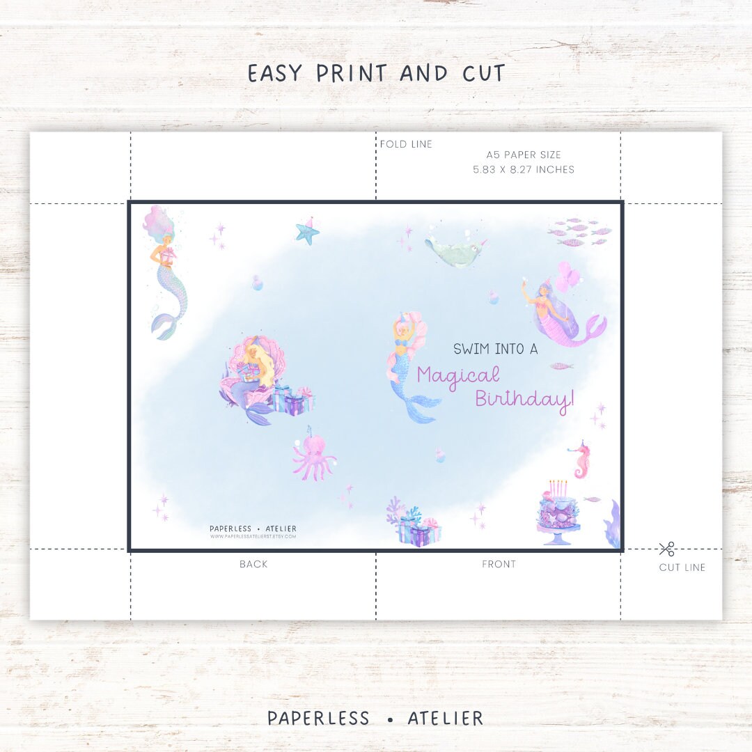 Printable Birthday Card, Mermaid and Sea-themed Birthday Card, Summer ...