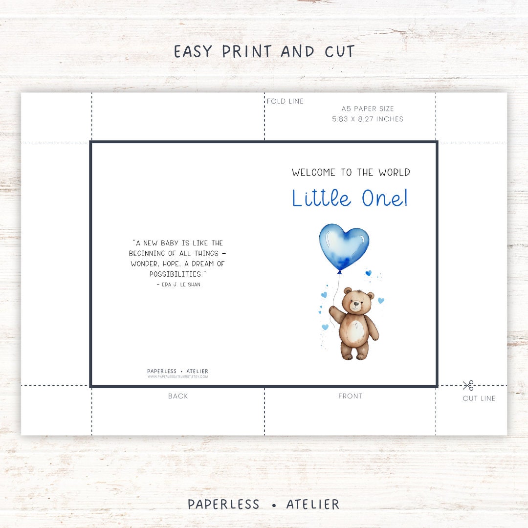 Printable New Baby Card, Birth Card, Little Bear, Baby Boy, New Baby ...