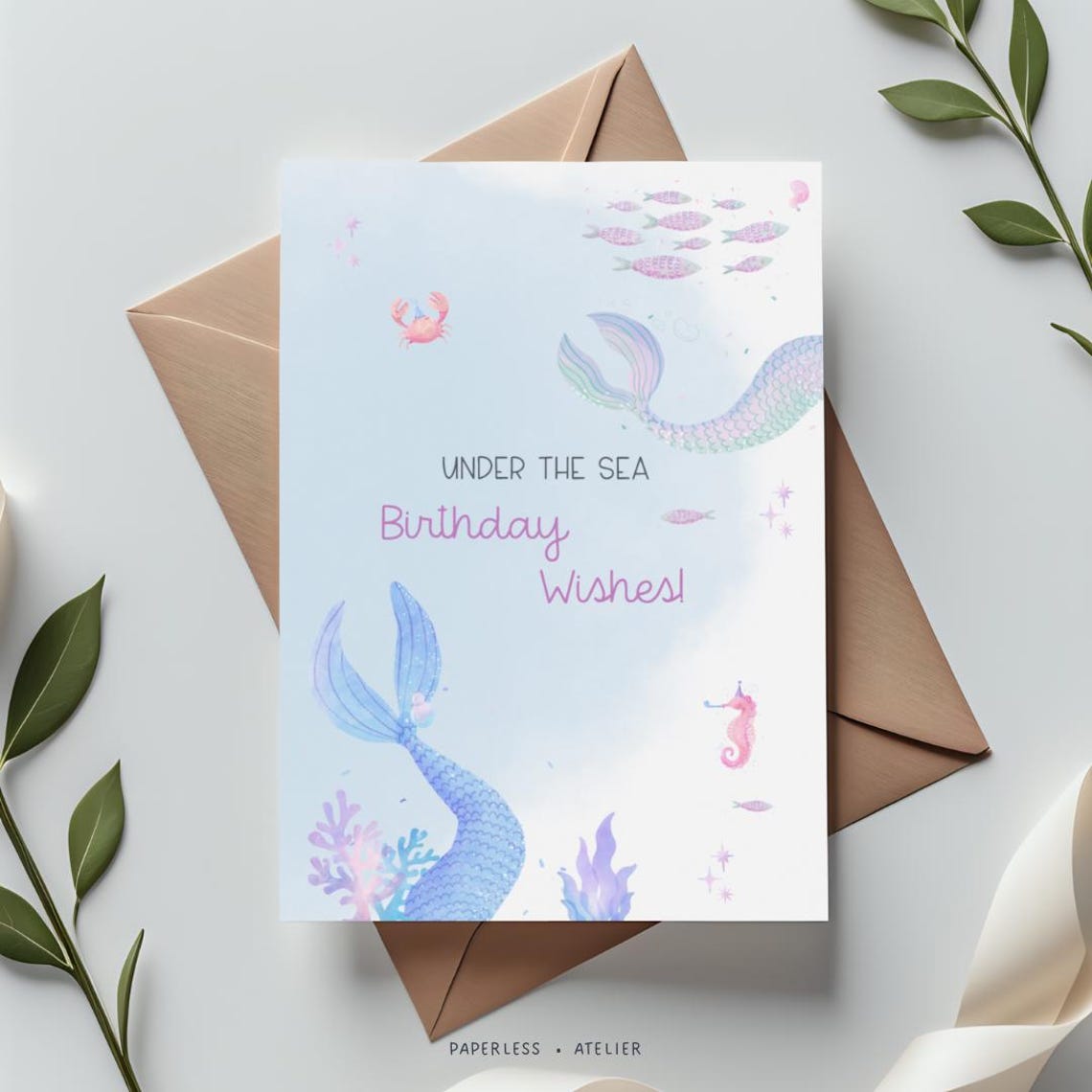 Printable Birthday Card, Mermaid Tail Card, Summer Birthday Card, Sea ...