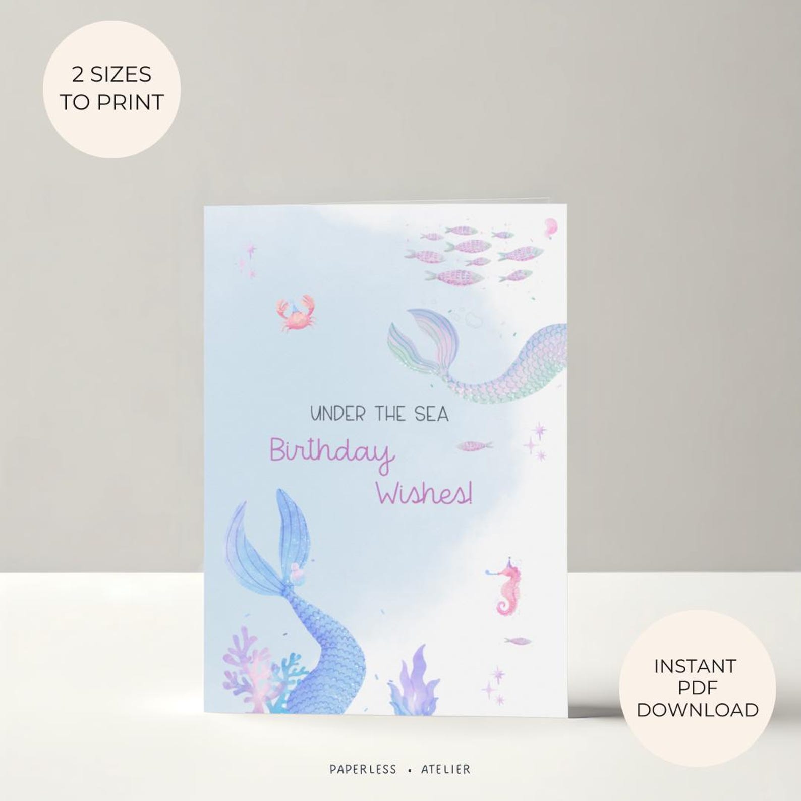 Printable Birthday Card, Mermaid Tail Card, Summer Birthday Card, Sea ...