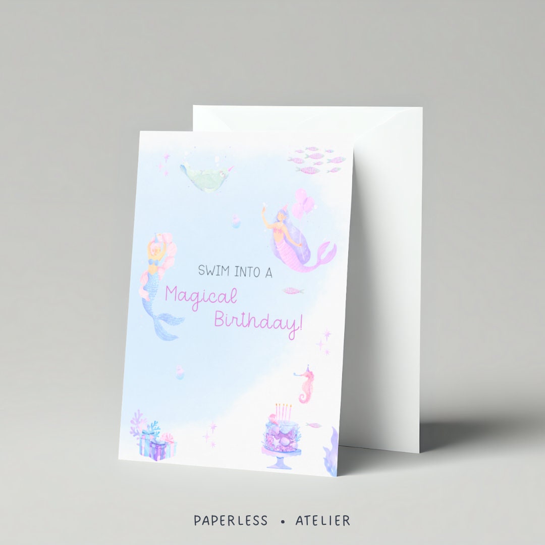 Printable Birthday Card, Mermaid and Sea-themed Birthday Card, Summer ...