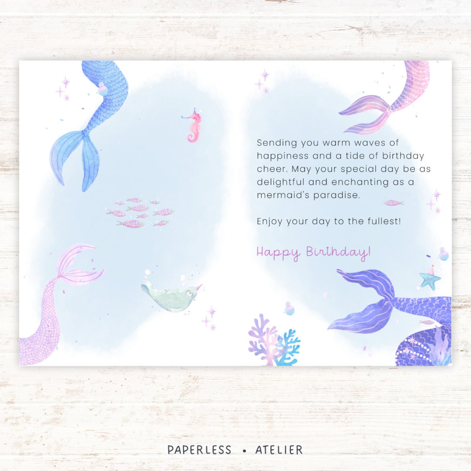 Printable Birthday Card, Mermaid Tail Card, Summer Birthday Card, Sea ...