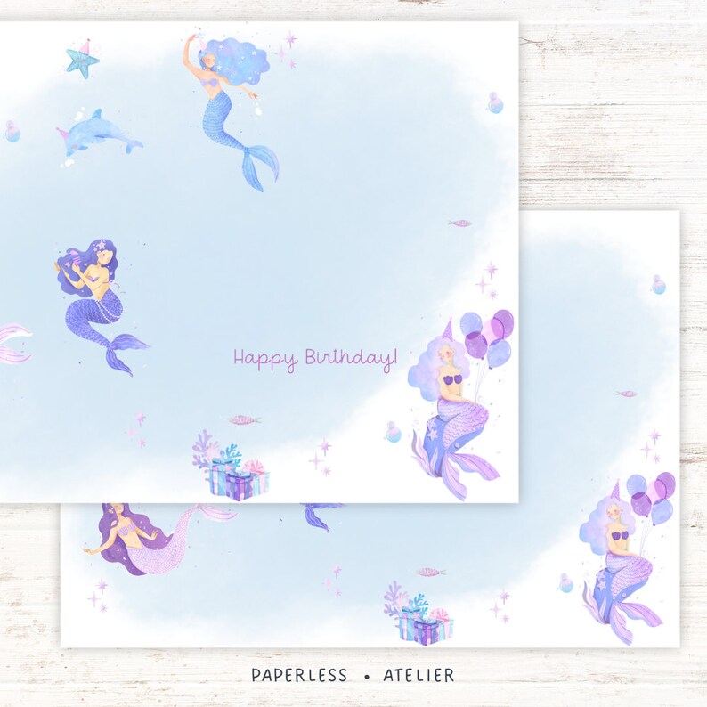 Printable Birthday Card, Mermaid and Sea-themed Birthday Card, Summer ...