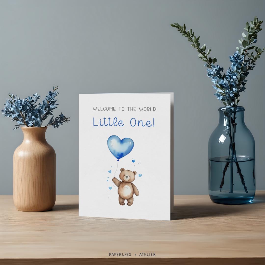 Printable New Baby Card, Birth Card, Little Bear, Baby Boy, New Baby ...