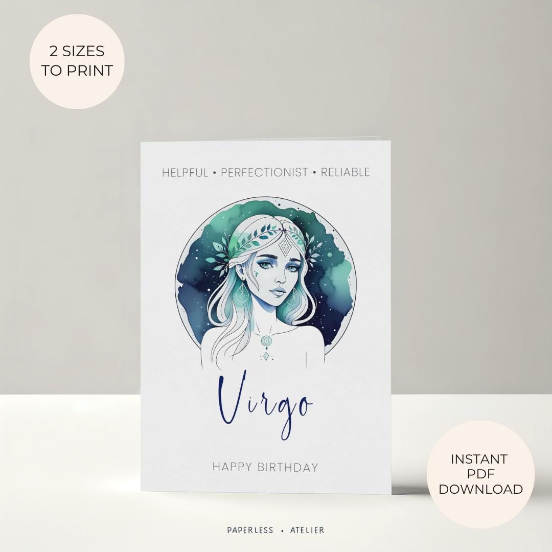 Printable Birthday Card, Boho Card, Virgo Zodiac, Virgo Card, Zodiacs ...