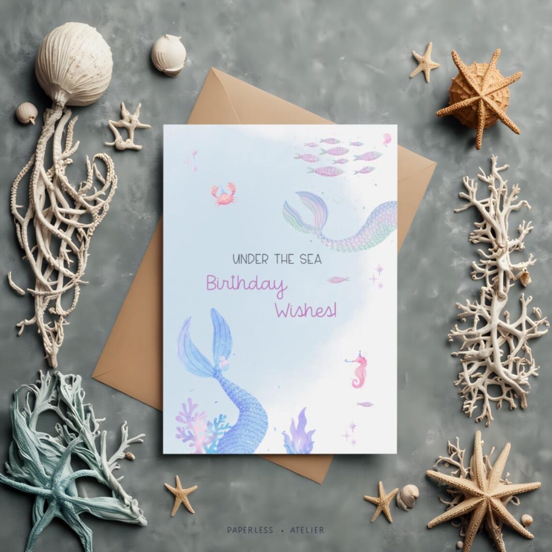 Printable Birthday Card, Mermaid Tail Card, Summer Birthday Card, Sea ...