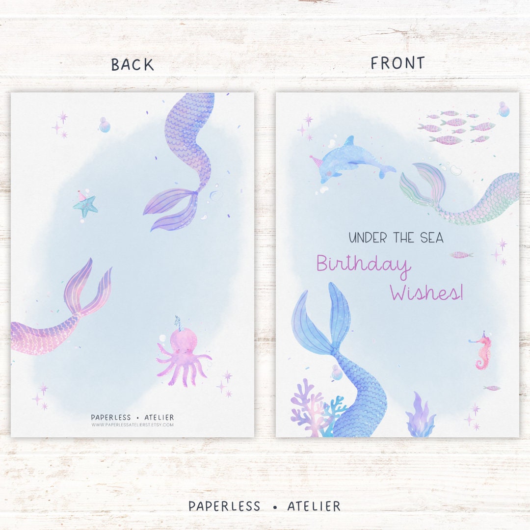 Printable Birthday Card, Mermaid Tail Card, Summer Birthday Card, Sea ...