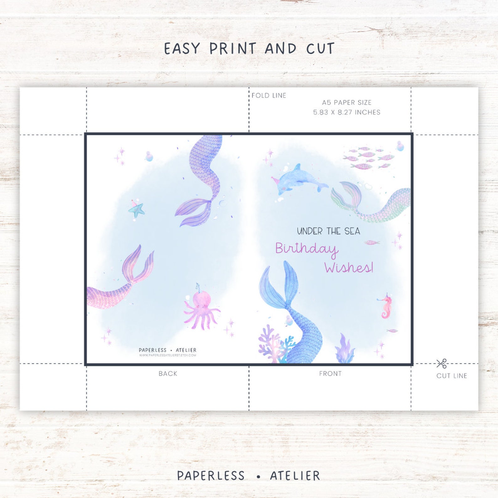 Printable Birthday Card, Mermaid Tail Card, Summer Birthday Card, Sea ...