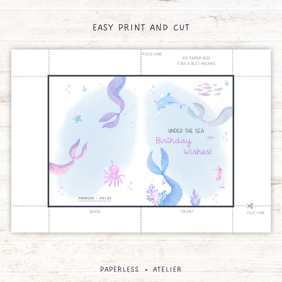 Printable Birthday Card, Mermaid Tail Card, Summer Birthday Card, Sea ...