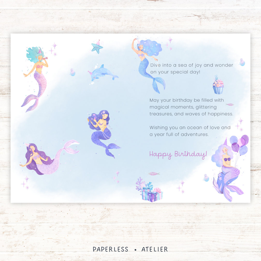 Printable Birthday Card, Mermaid and Sea-themed Birthday Card, Summer ...