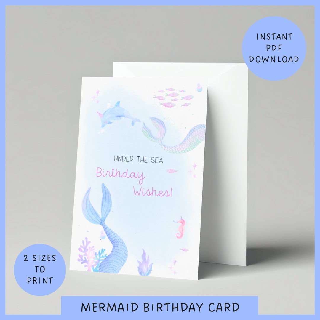 Printable Birthday Card, Mermaid Tail Card, Summer Birthday Card, Sea ...