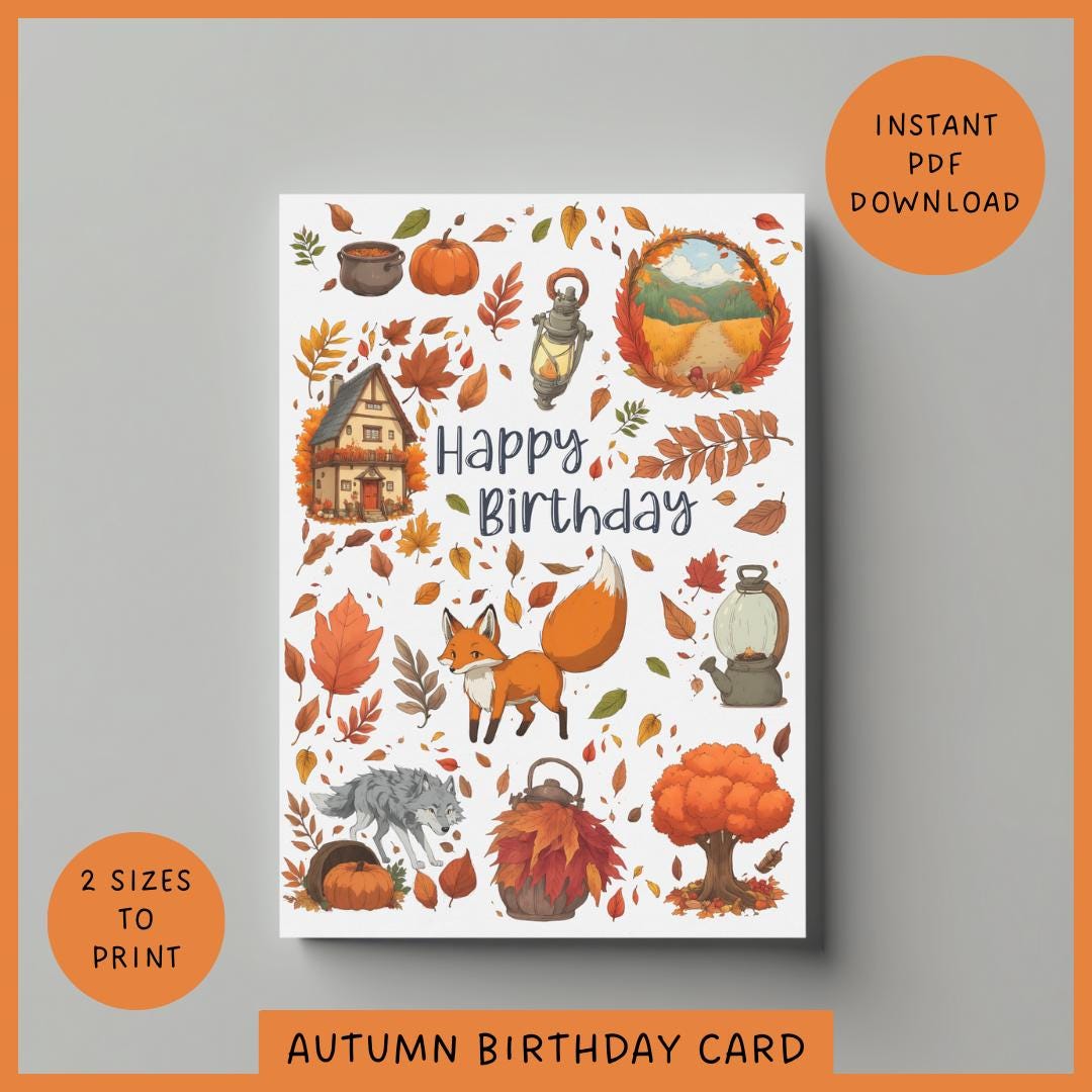 Printable Autumn Birthday Card, Autumn Birthday, Cozy and Fun Design ...