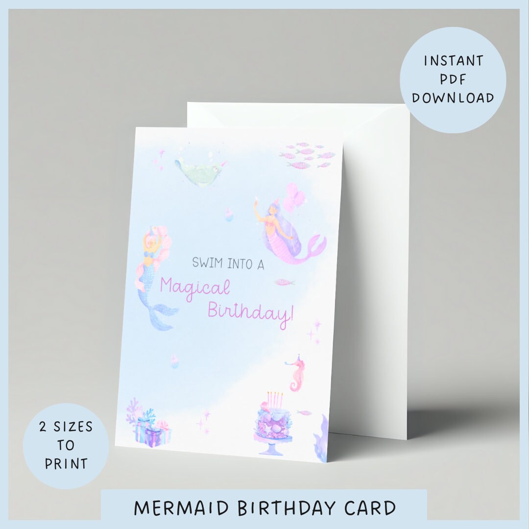 Printable Birthday Card, Mermaid and Sea-themed Birthday Card, Summer ...
