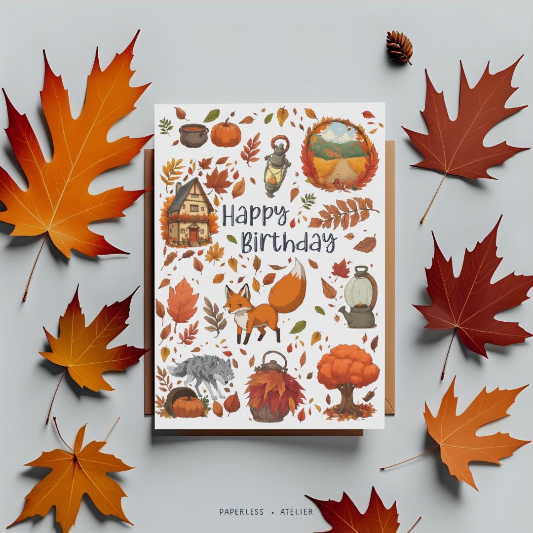 Printable Autumn Birthday Card, Autumn Birthday, Cozy and Fun Design ...