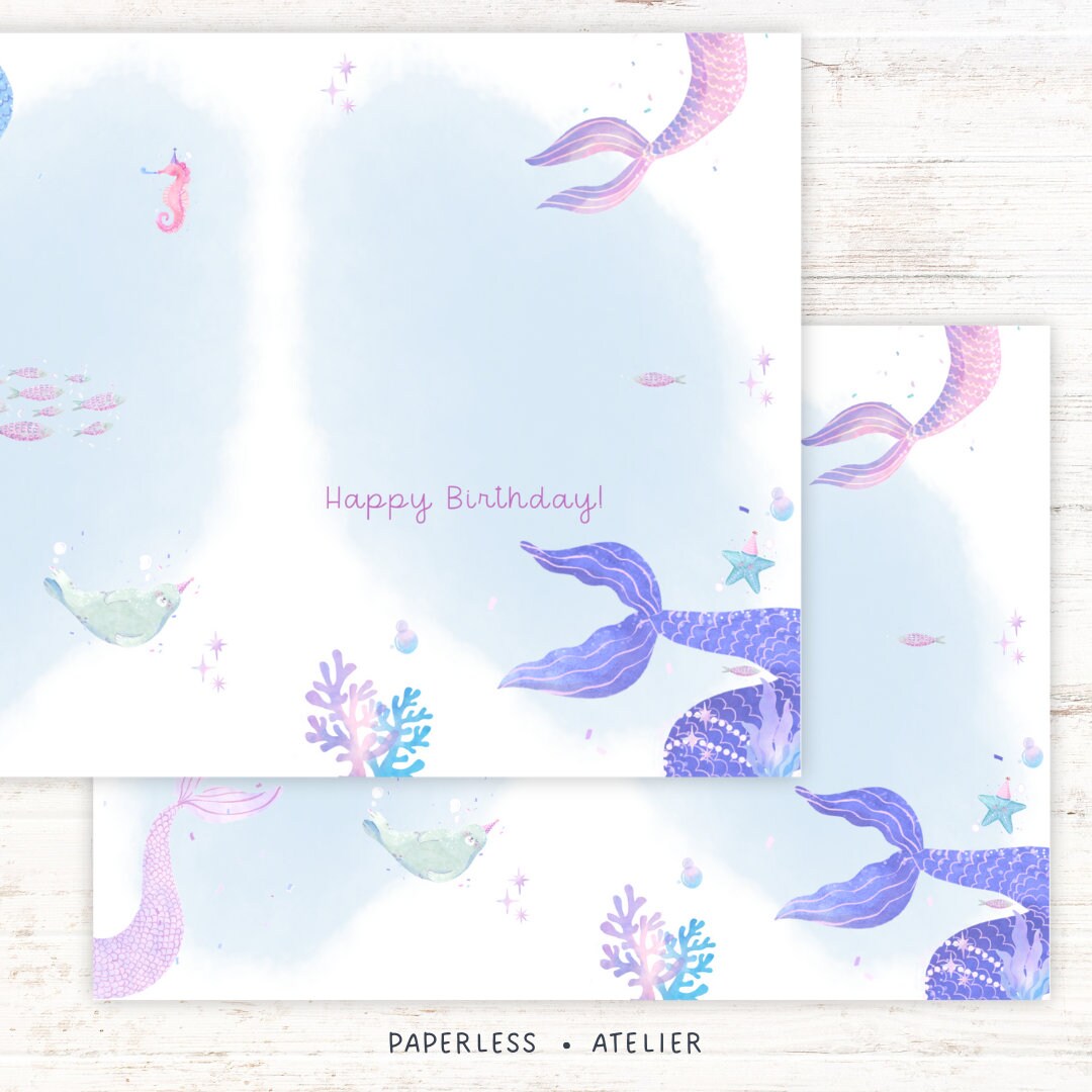 Printable Birthday Card, Mermaid Tail Card, Summer Birthday Card, Sea ...