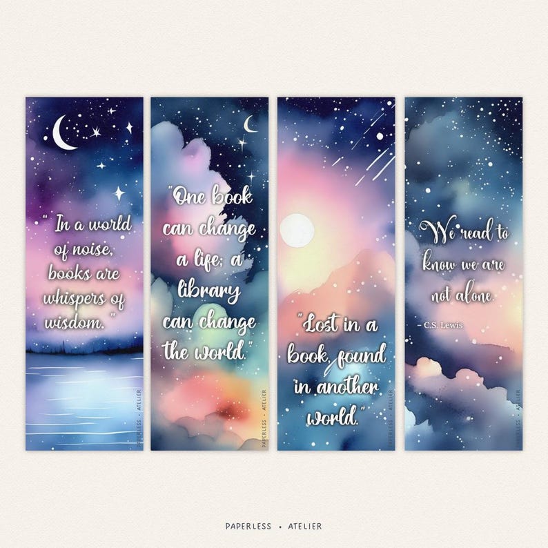 12 Printable Bookmark, Night Sky Watercolour Bookmark, Printable ...
