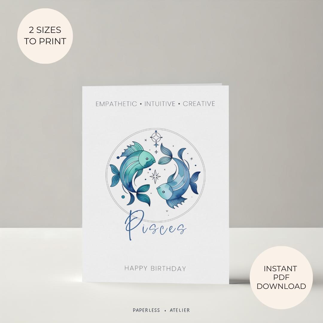 Printable Birthday Card, Boho Card, Pisces Zodiac, Pisces Card, Zodiacs ...