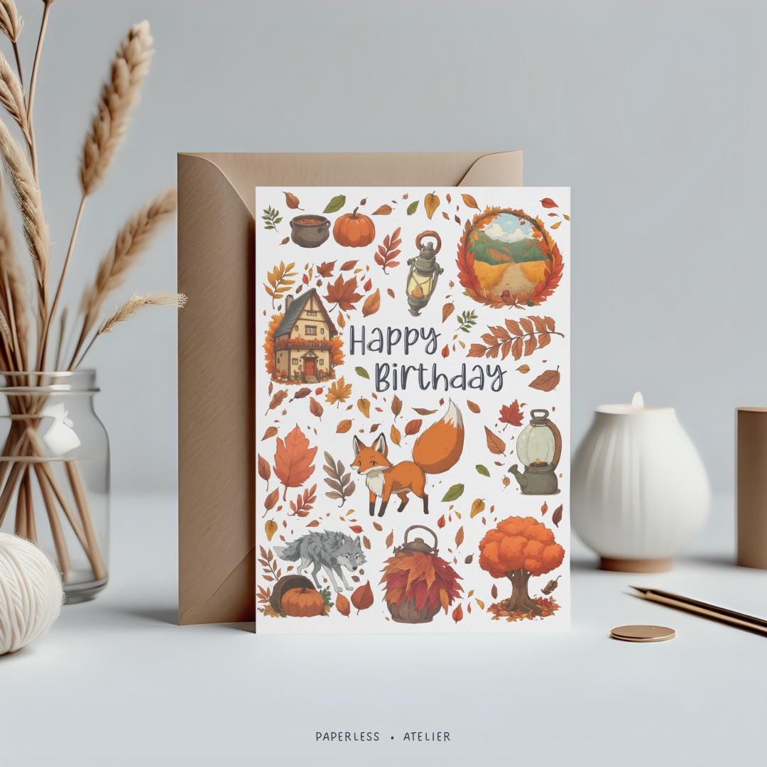 Printable Autumn Birthday Card, Autumn Birthday, Cozy and Fun Design ...