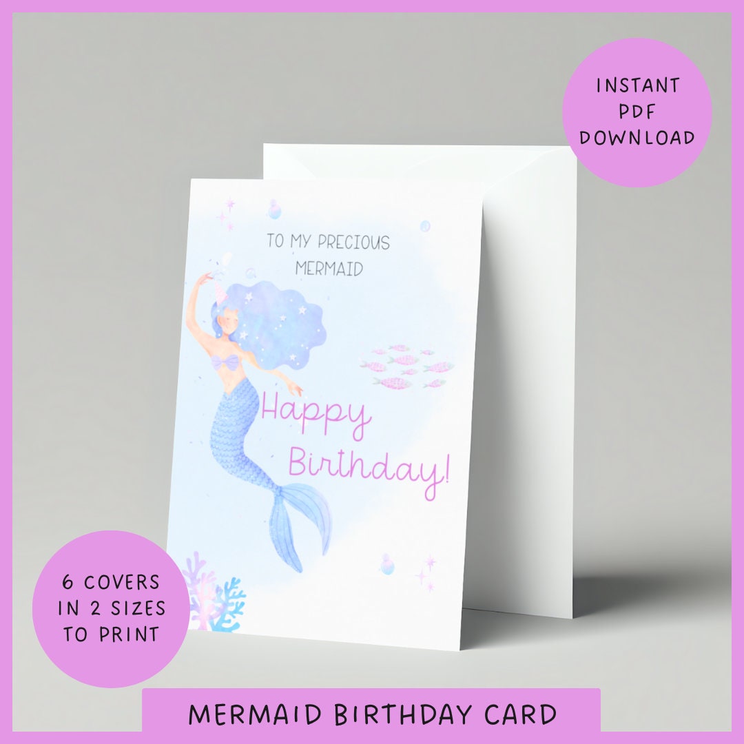 Printable Birthday Card, 6 Mermaid Covers, Mermaid Birthday Card, Sea ...