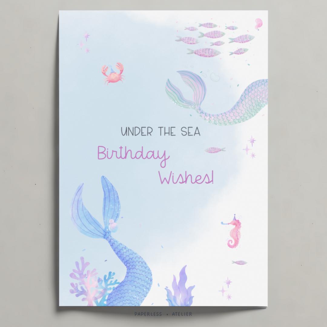 Printable Birthday Card, Mermaid Tail Card, Summer Birthday Card, Sea ...