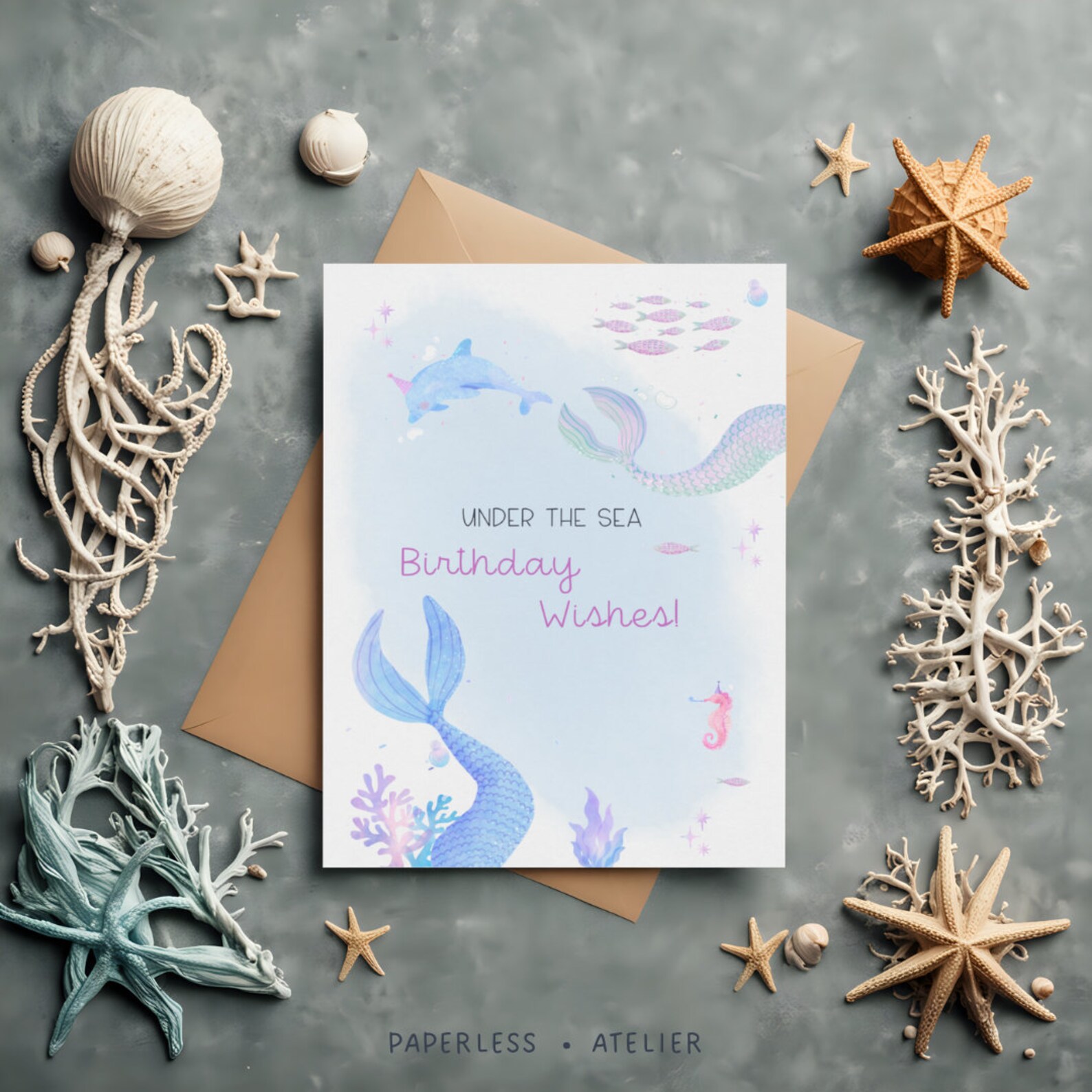 Printable Birthday Card, Mermaid Tail Card, Summer Birthday Card, Sea ...