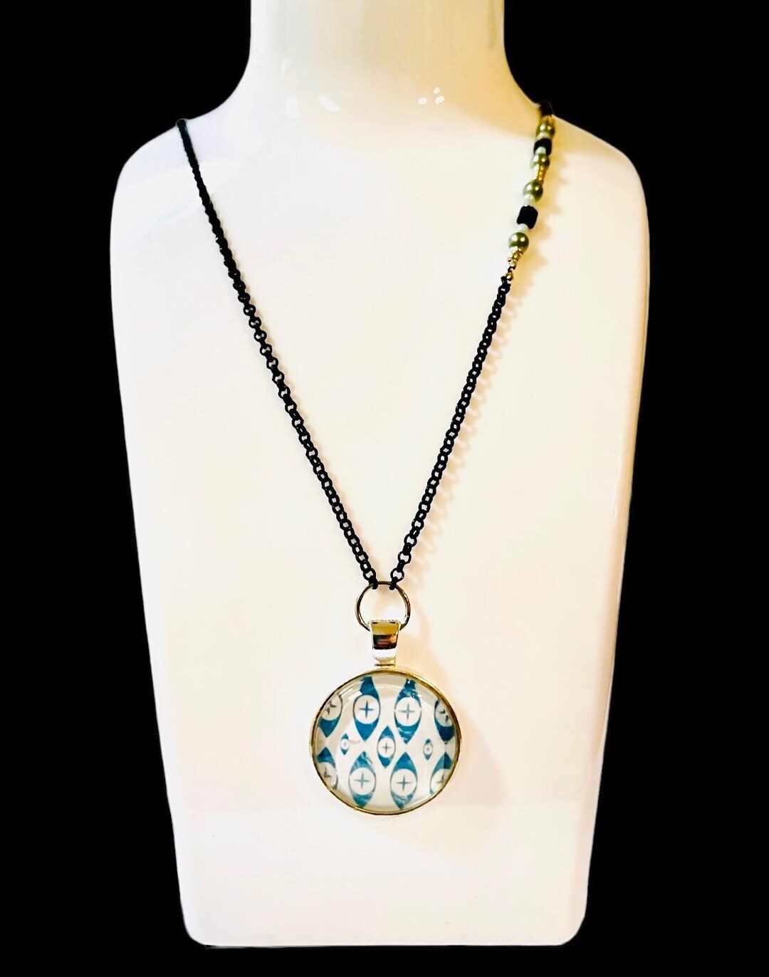 Evil Eye Pyrex Necklace 29 Black Box Chain With Pearl and Glass Bead ...