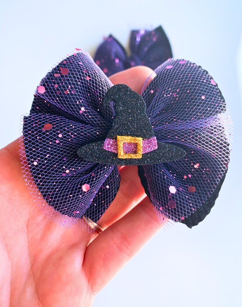 Black & Purple Shredded Sparkle Bow | Witch Hat Halloween Clip or ...