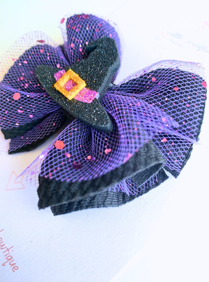 Black & Purple Shredded Sparkle Bow | Witch Hat Halloween Clip or ...
