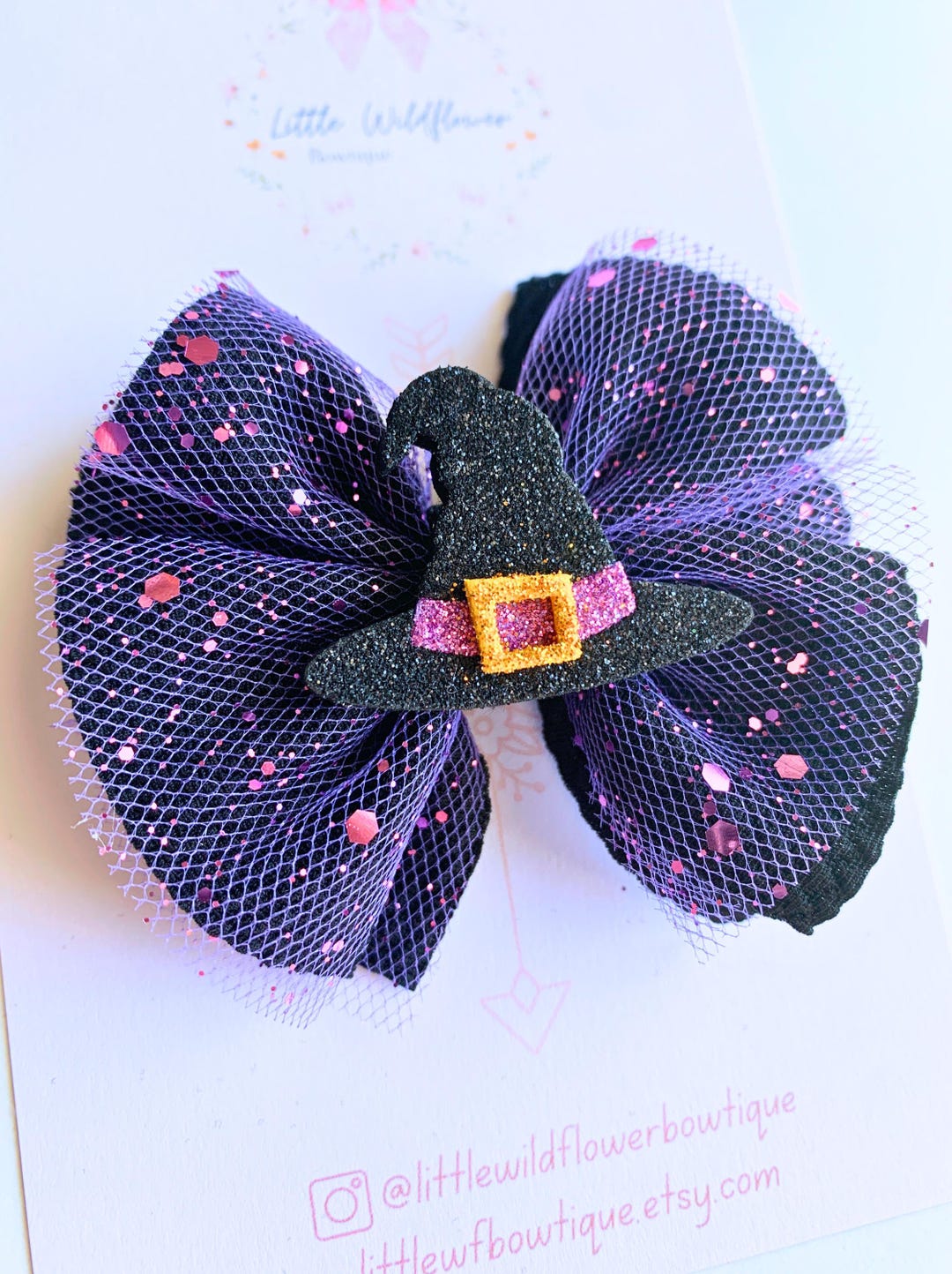 Black & Purple Shredded Sparkle Bow | Witch Hat Halloween Clip or ...