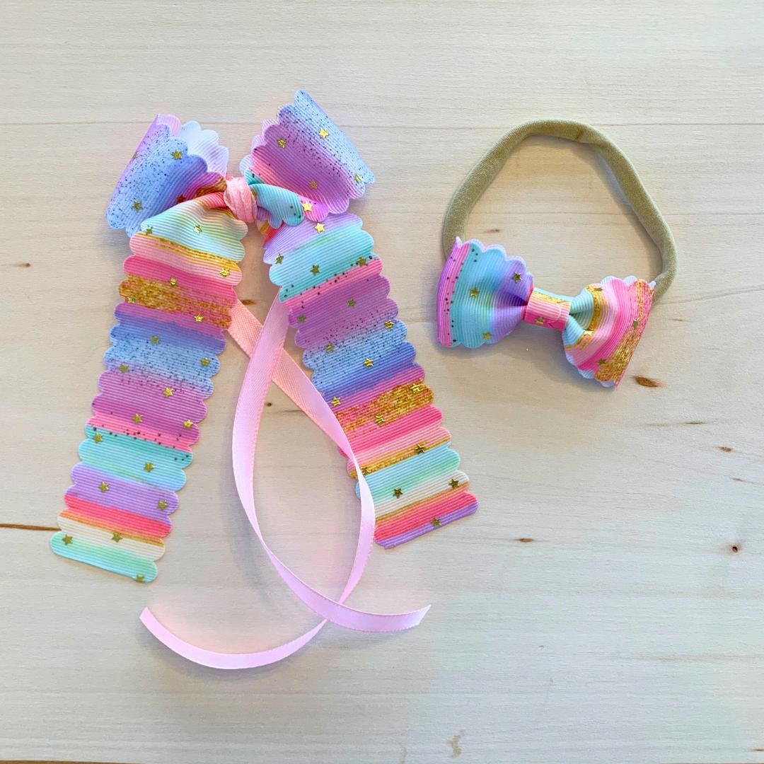RAINBOW SCALLOPED Star Bow Rainbow Fabric, Ribbon Hair Bow, Sailor Bow ...