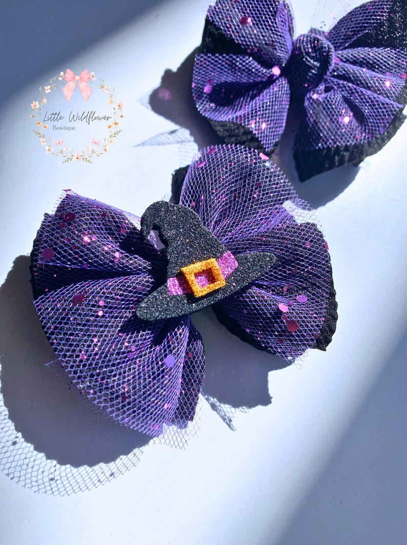 Black & Purple Shredded Sparkle Bow | Witch Hat Halloween Clip or ...