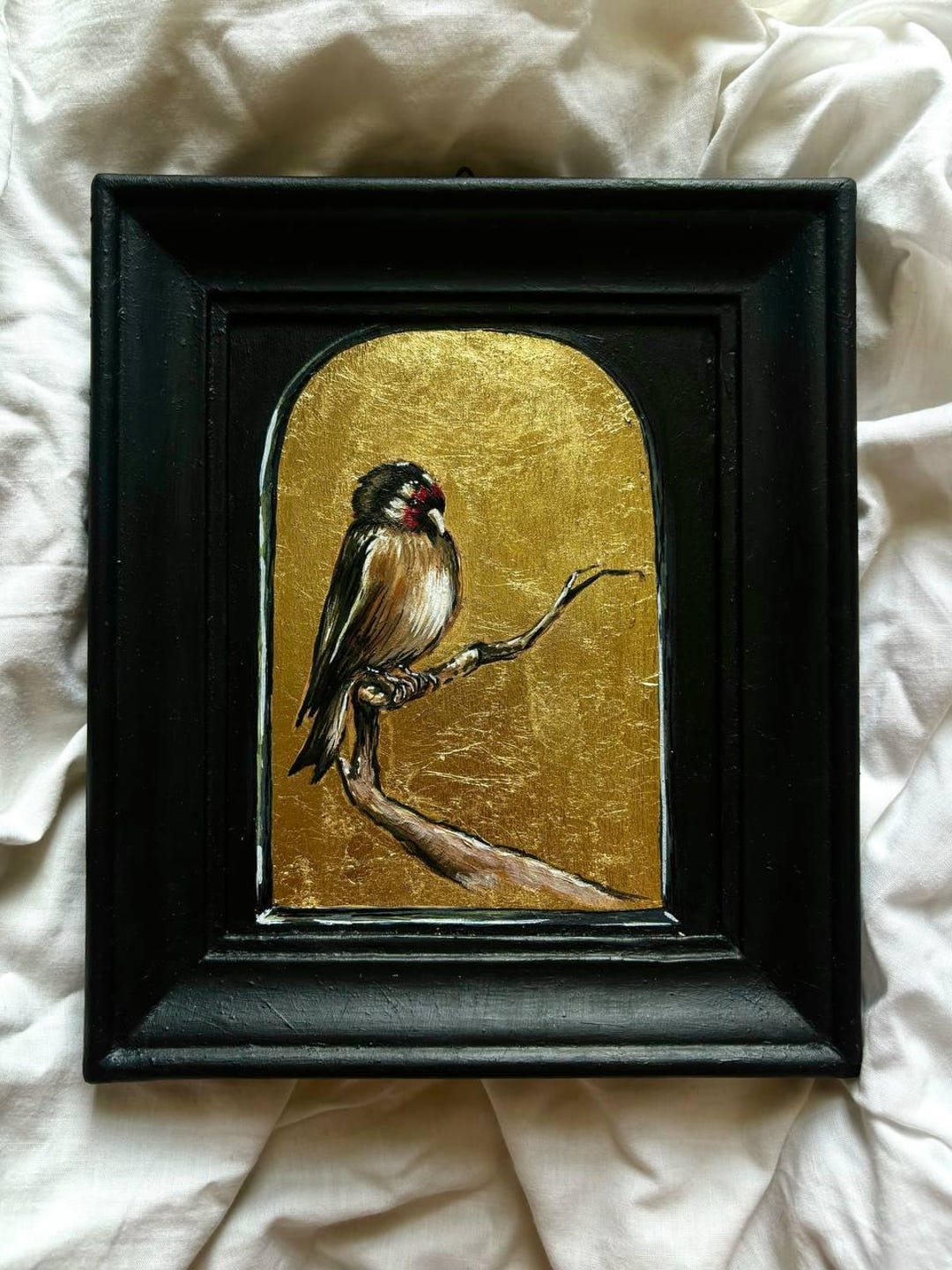 GOLDEN ARTWORK - Golden Evening Scene Bird on the Branch Golden Leaf ...