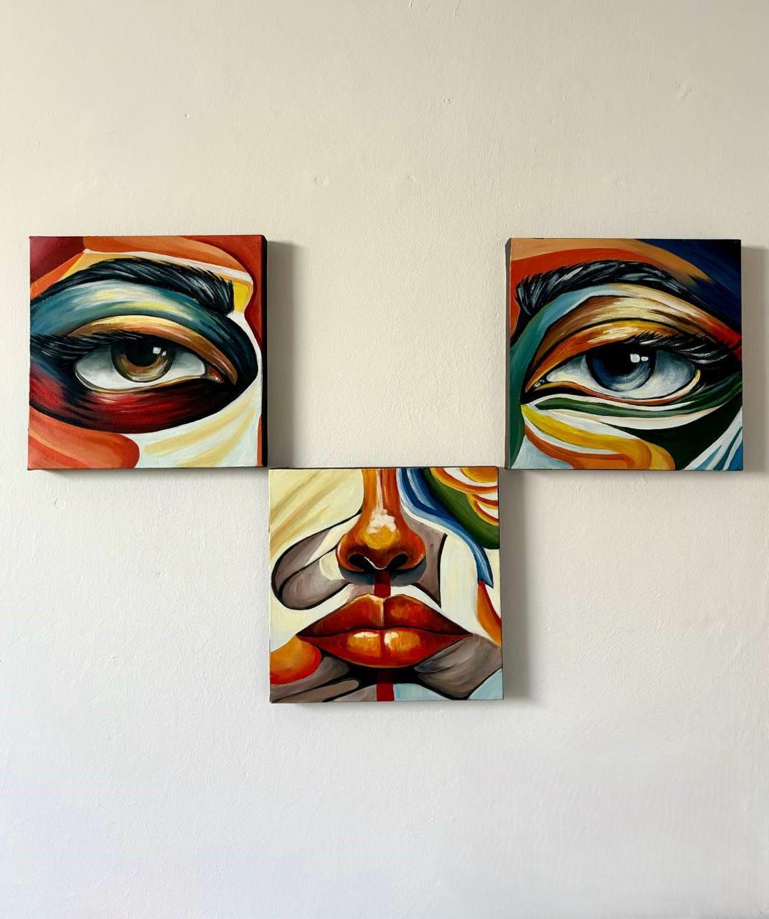 Abstract Face Triptych: Modern Acrylic Painting, Colorful Home Decor - Etsy