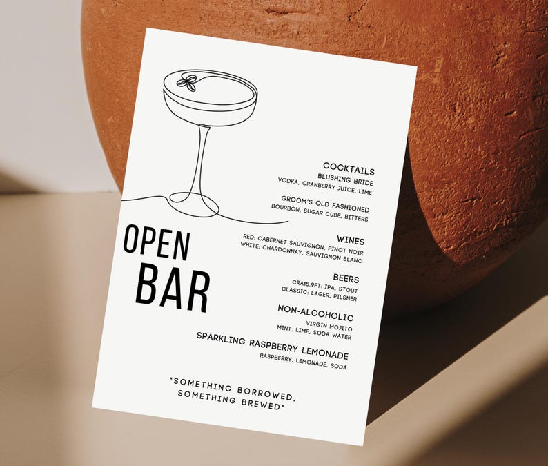 Wedding Open Bar Menu Template Minimalist & Modern Bar Menu Editable ...