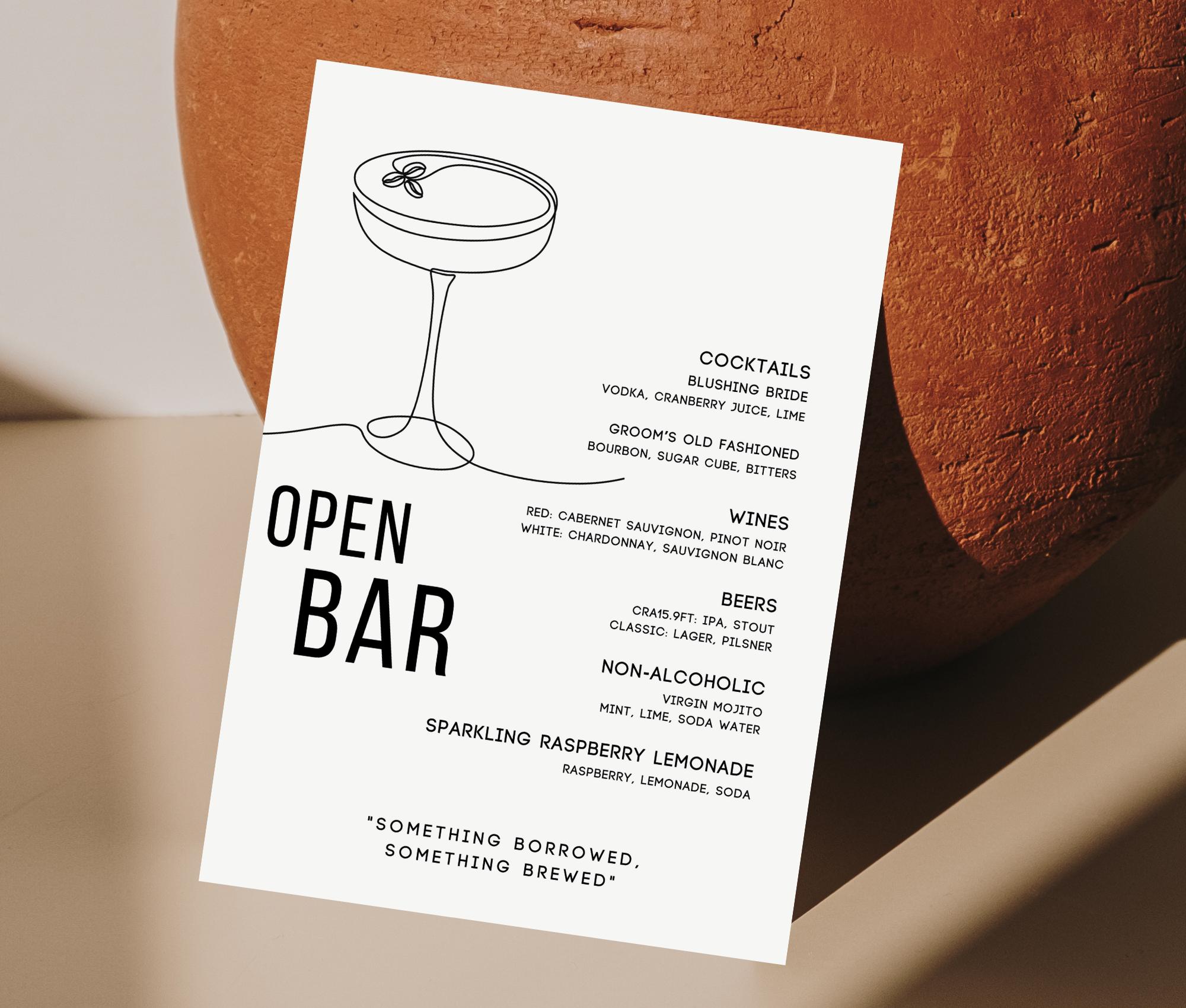 Wedding Open Bar Menu Template Minimalist & Modern Bar Menu Editable ...