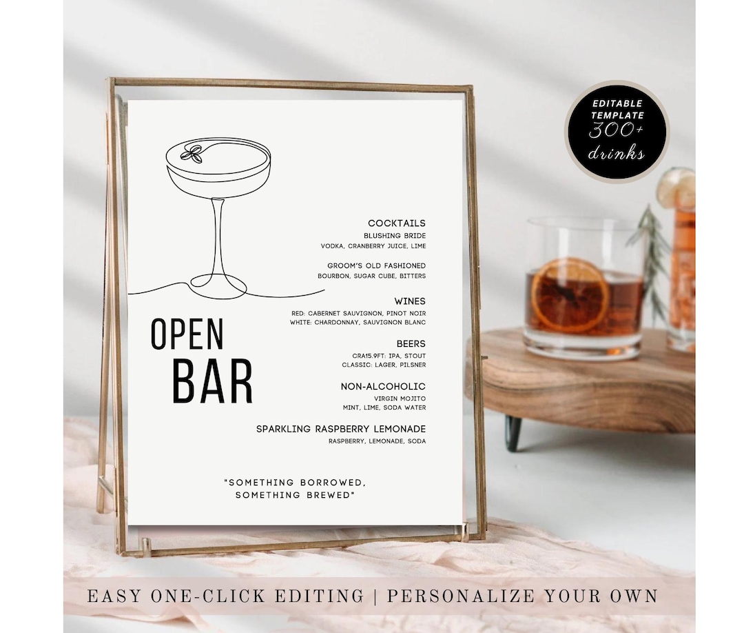 Wedding Open Bar Menu Template Minimalist & Modern Bar Menu Editable ...