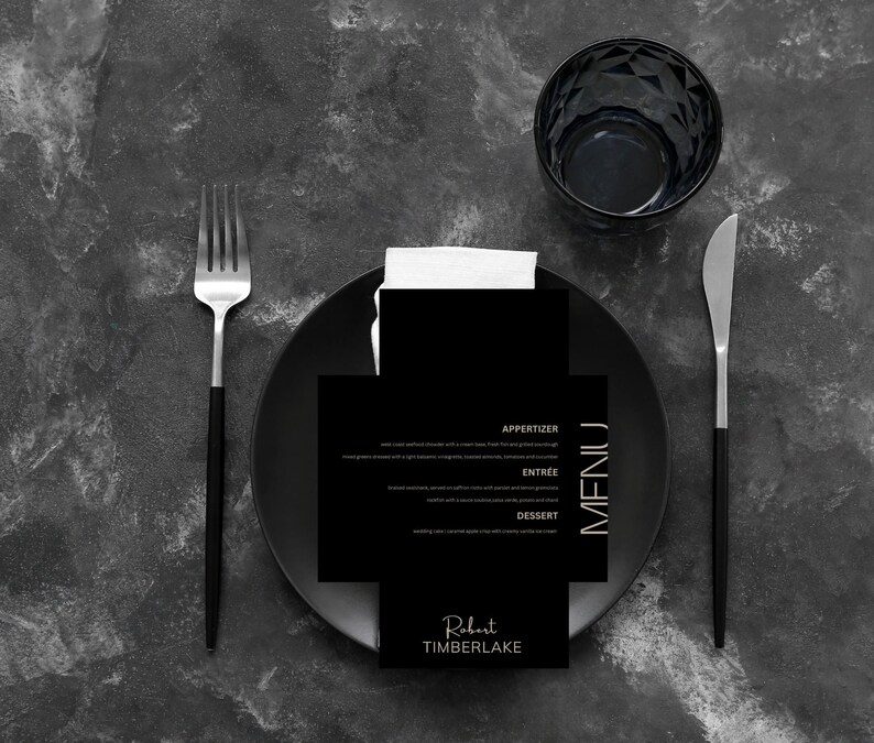 Elegant Black Wedding Menu & Place Card Template Modern Minimalist ...