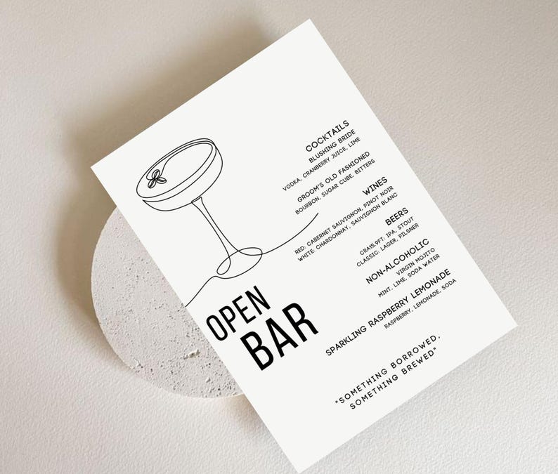 Wedding Open Bar Menu Template Minimalist & Modern Bar Menu Editable ...