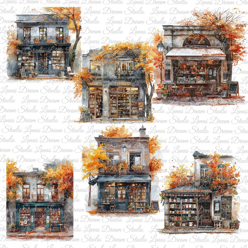 Autumn Book Shops. Watercolor Clipart PNG. AI Illustration. Instant ...