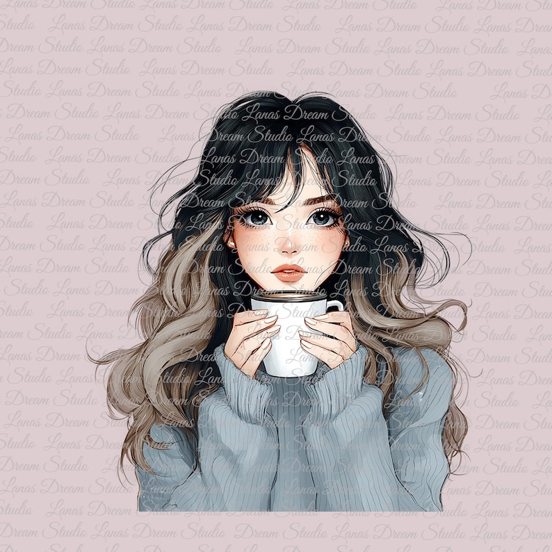 Manga Coffee Girls Watercolor Clipart: Commercial Use PNG (digital ...