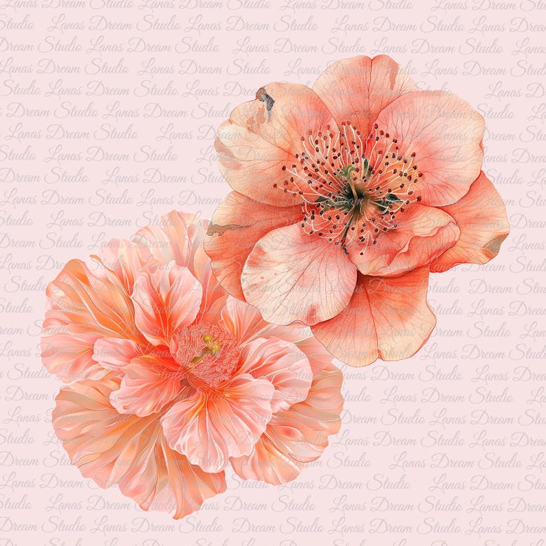 Peach Flowers Watercolor Clipart: PNG AI Illustration (digital Download ...
