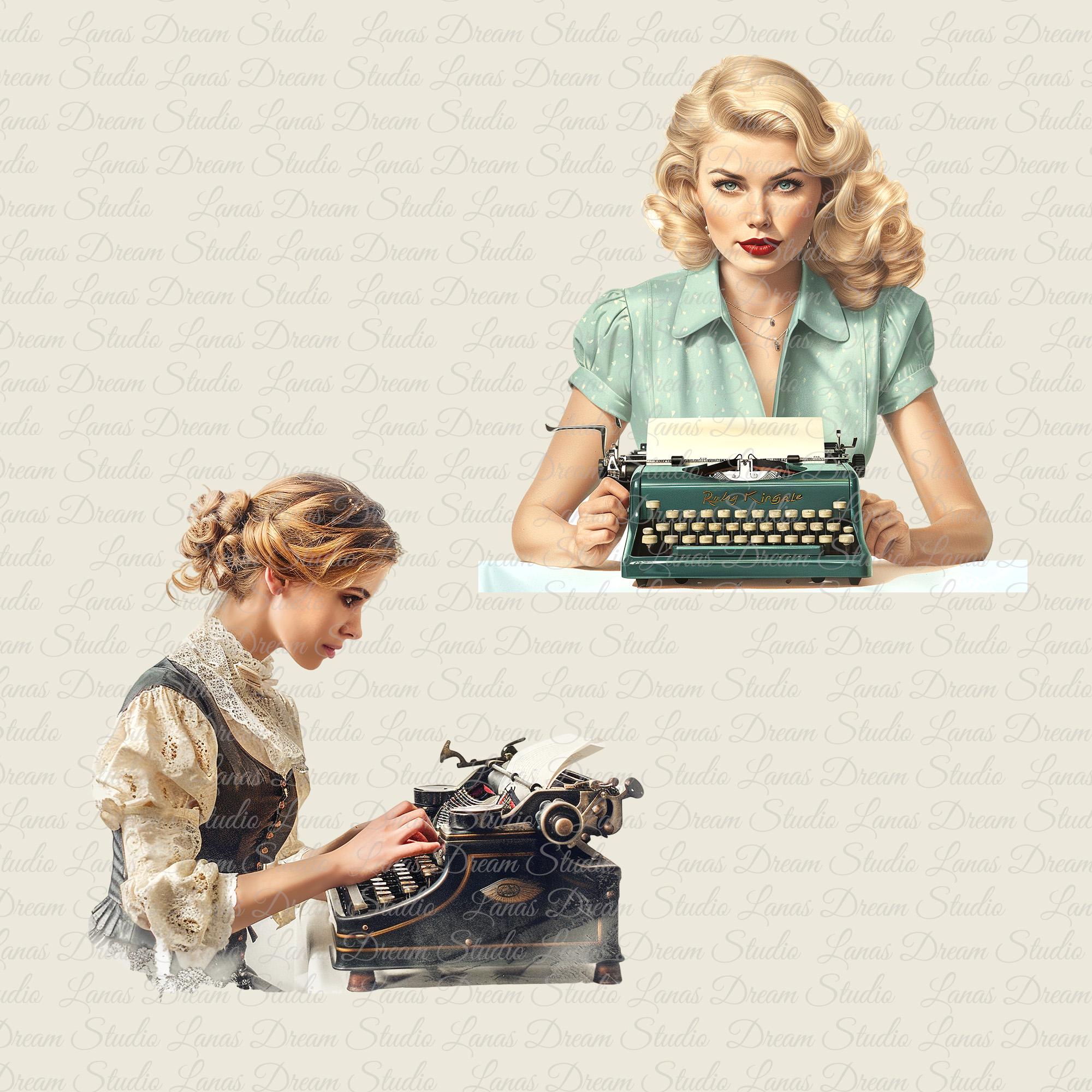 Vintage Typewriter Girls Watercolor Clipart: 15 PNG Illustrations ...