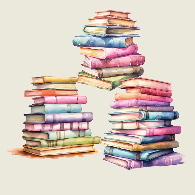 Pastel Book Piles. Watercolor Clipart PNG. AI Illustration. Instant ...