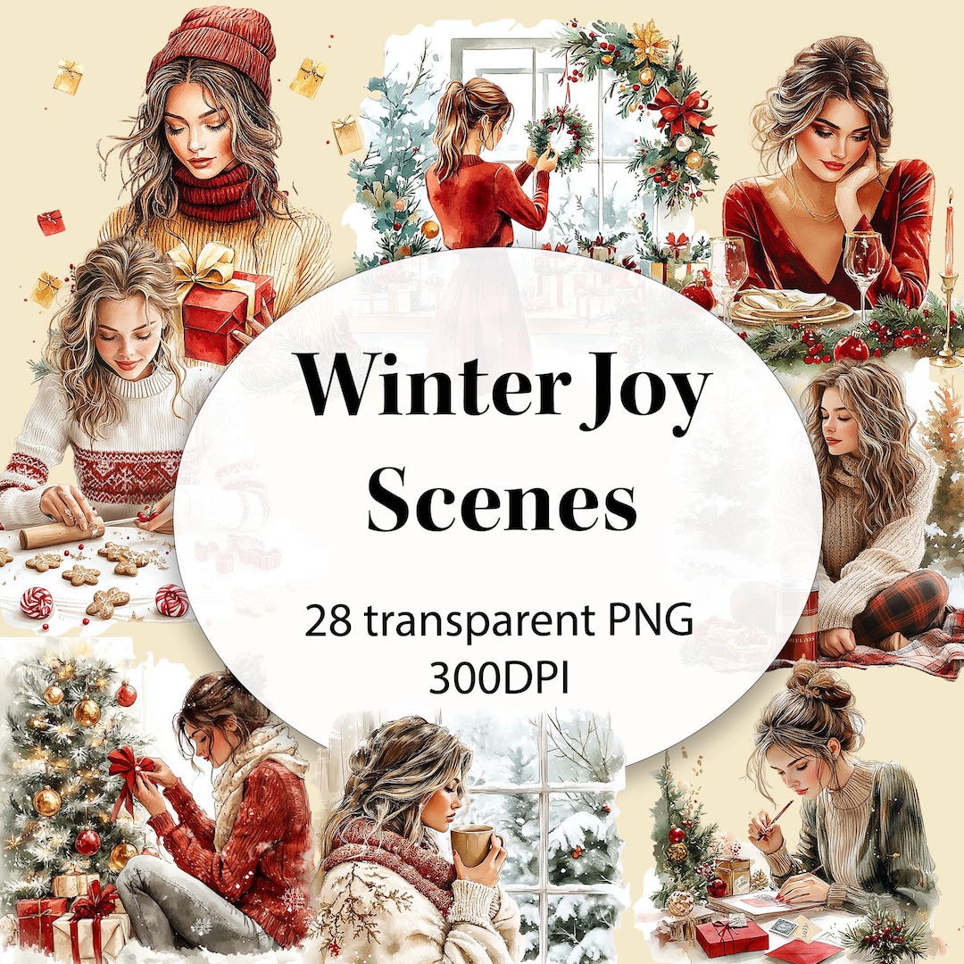 Winter Joy Scenes. Christmas. Watercolor Clipart PNG. AI Illustration ...