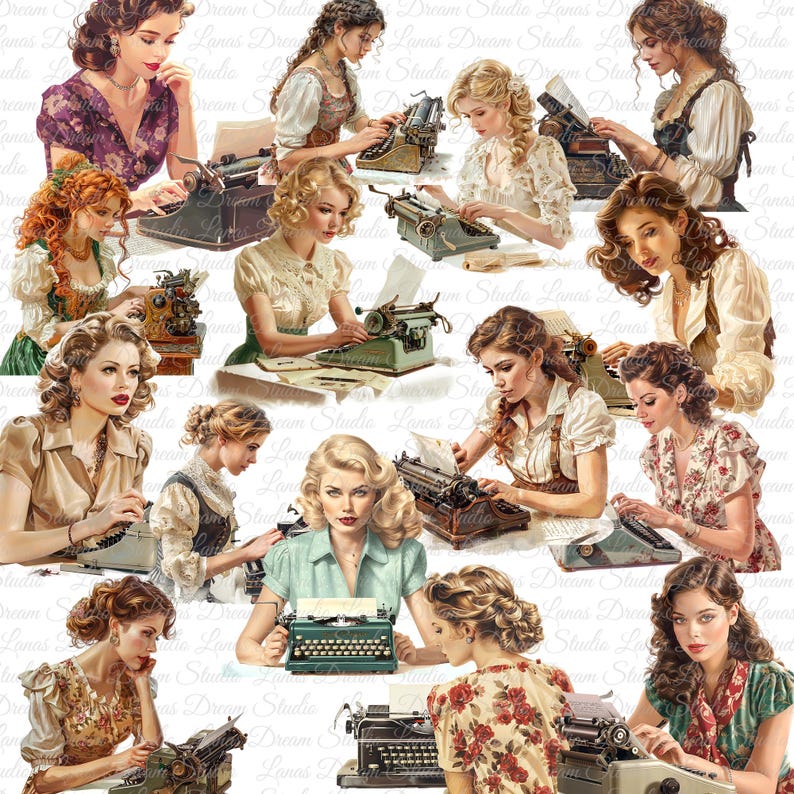 Vintage Typewriter Girls Watercolor Clipart: 15 PNG Illustrations ...