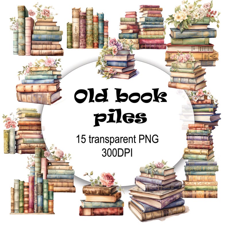 Old Book Piles. Watercolor Clipart PNG. AI Illustration. Instant ...