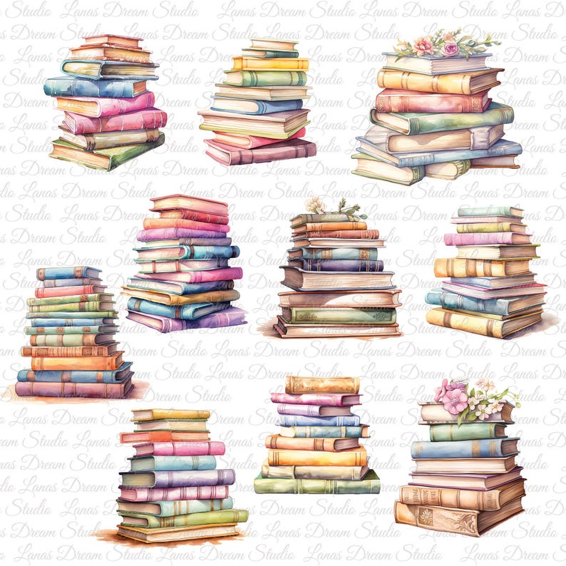Pastel Book Piles. Watercolor Clipart PNG. AI Illustration. Instant ...