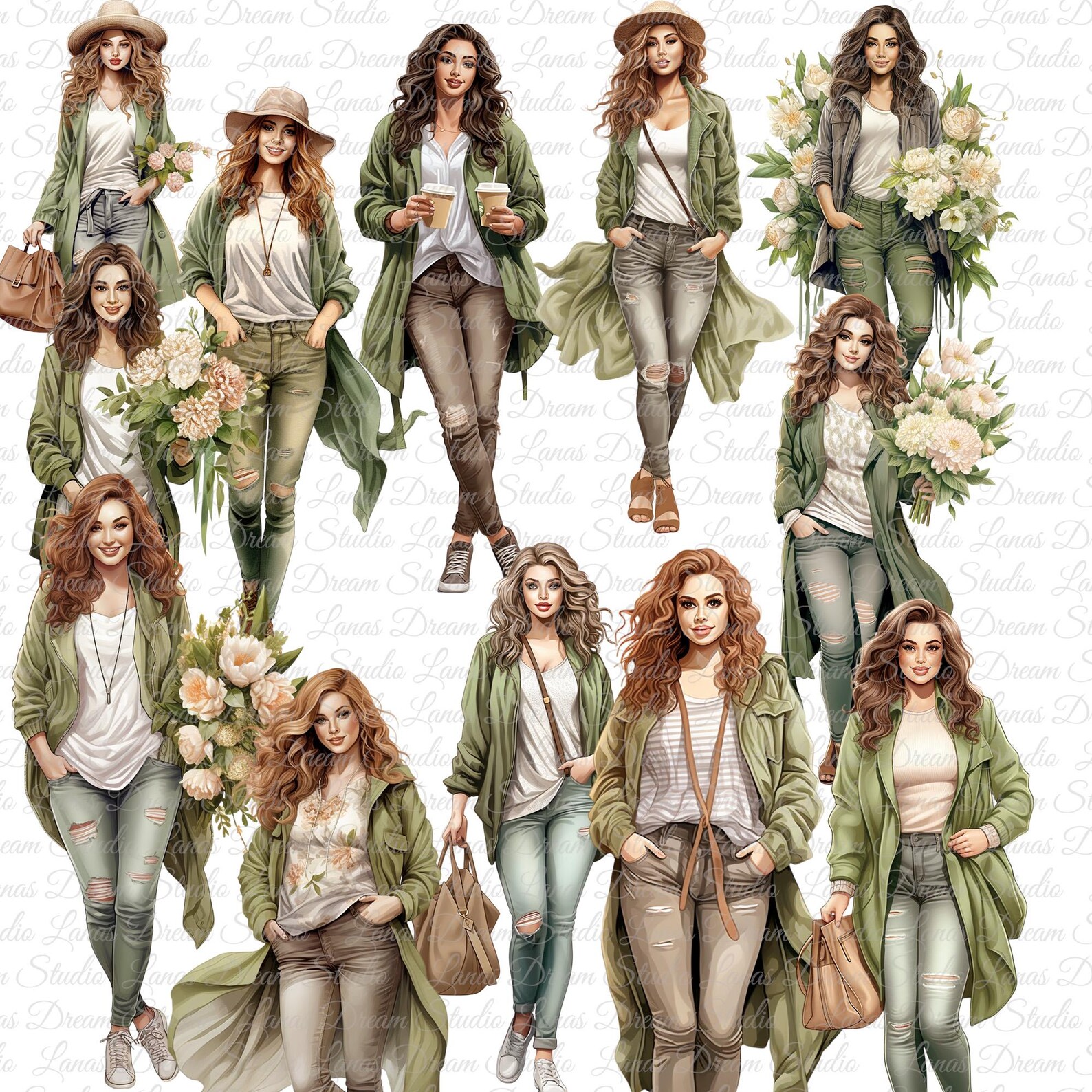 Green and Brown Fashion Girls. Watercolor Clipart PNG. AI Illustration ...
