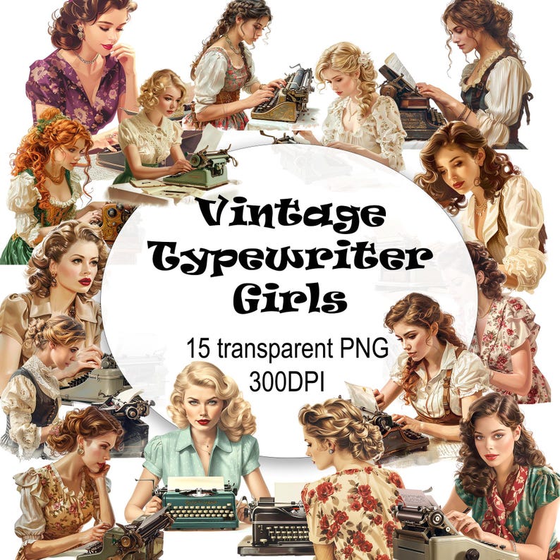 Vintage Typewriter Girls Watercolor Clipart: 15 PNG Illustrations ...
