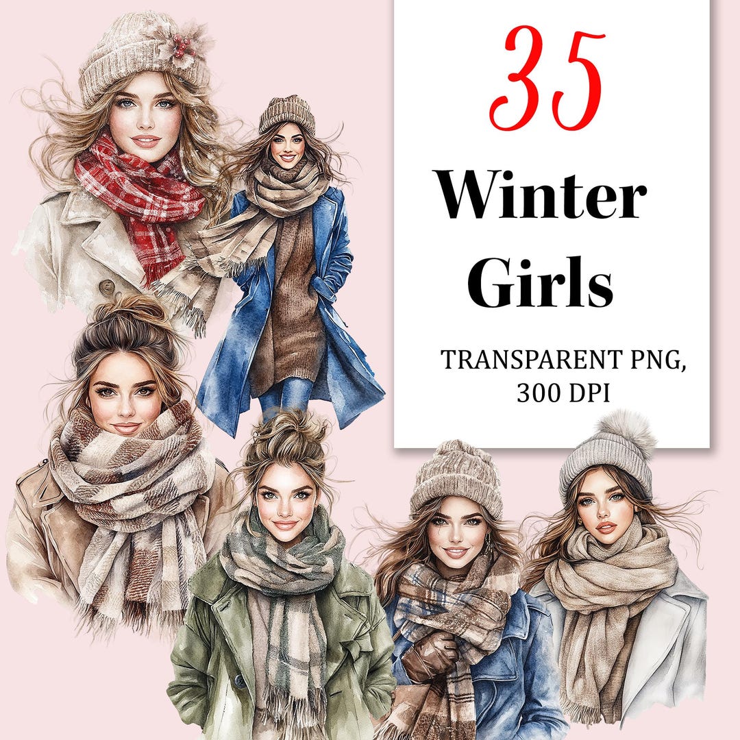 Winter Girls. Watercolor Clipart PNG. AI Illustration. Instant Download ...